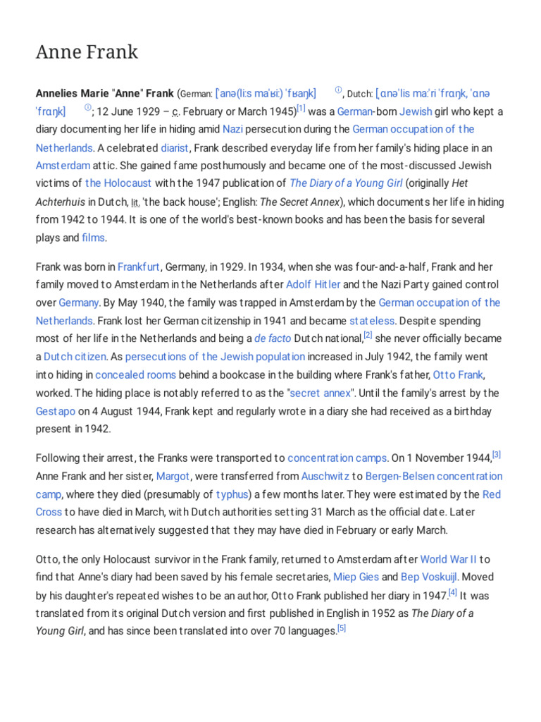 Anne Frank - Wikipedia | PDF | Anne Frank