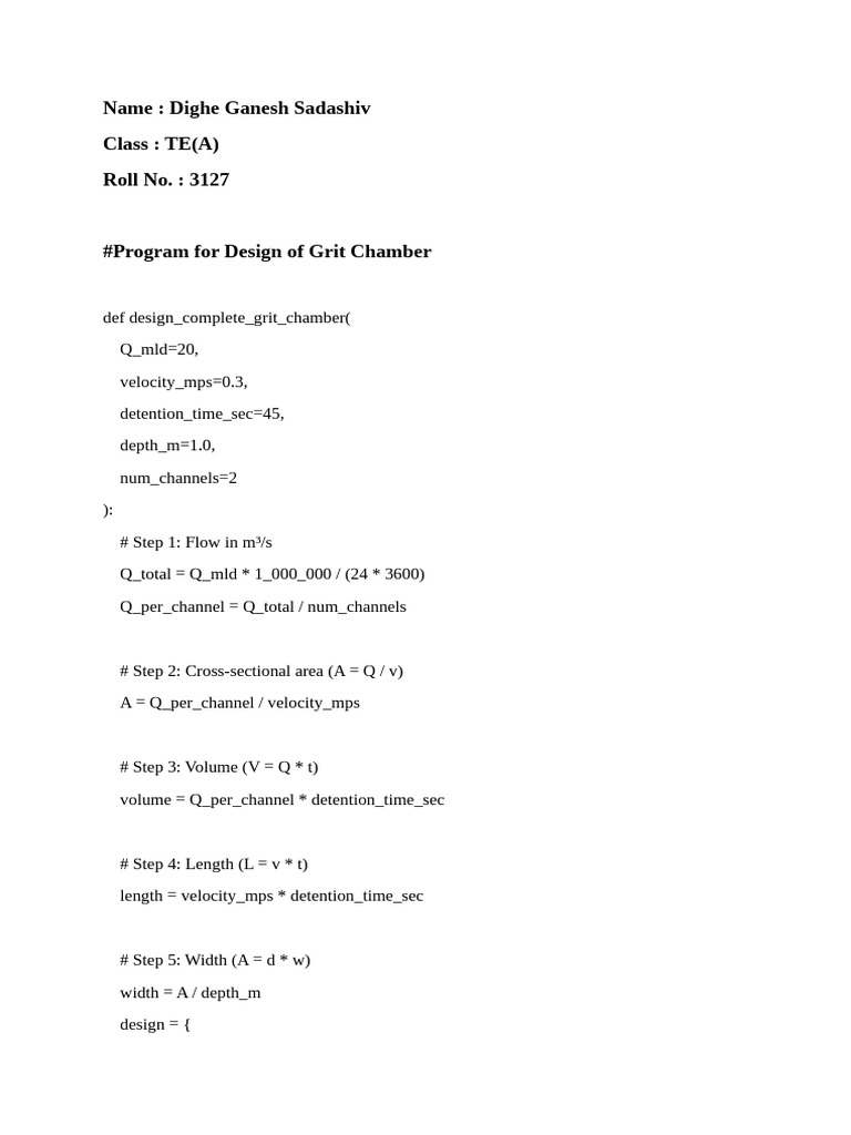 Grit Chamber and Tank Design Programs | PDF | Length | Volume