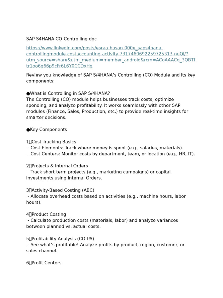 SAP S4HANA CO-Controlling | PDF
