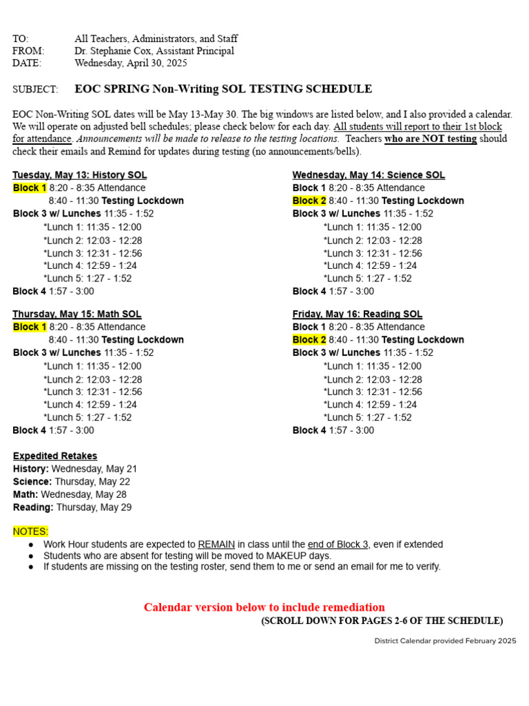 NRHS Spring 2025 SOL Testing Schedules | PDF | Science