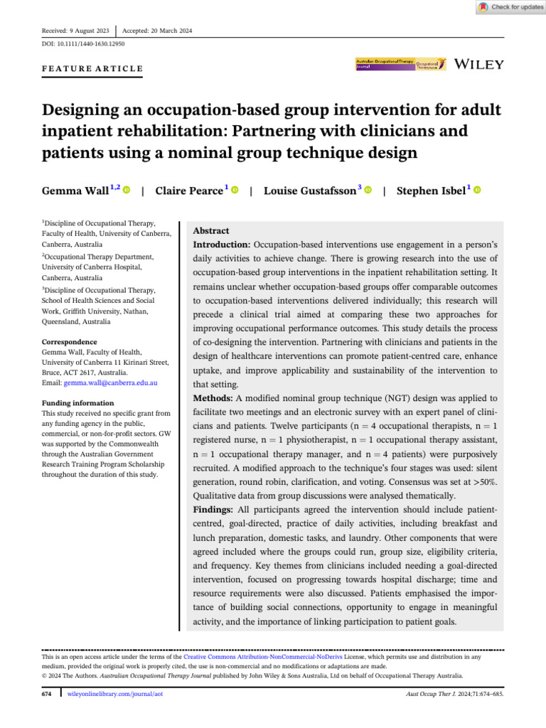 Aus Occup Therapy J - 2024 - Wall - Designing An Occupation Based Group ...