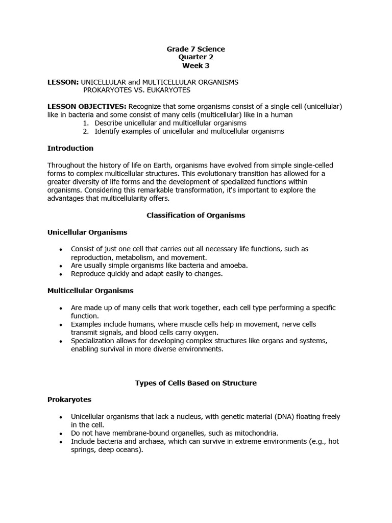 W3 - NOTES - Q2 - G7SCIENCE Unicellular and Multicellular Organisms ...
