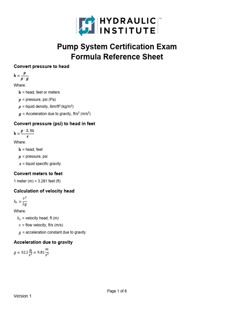 PSC Exam Formula Reference Sheet | PDF | Horsepower | Pump