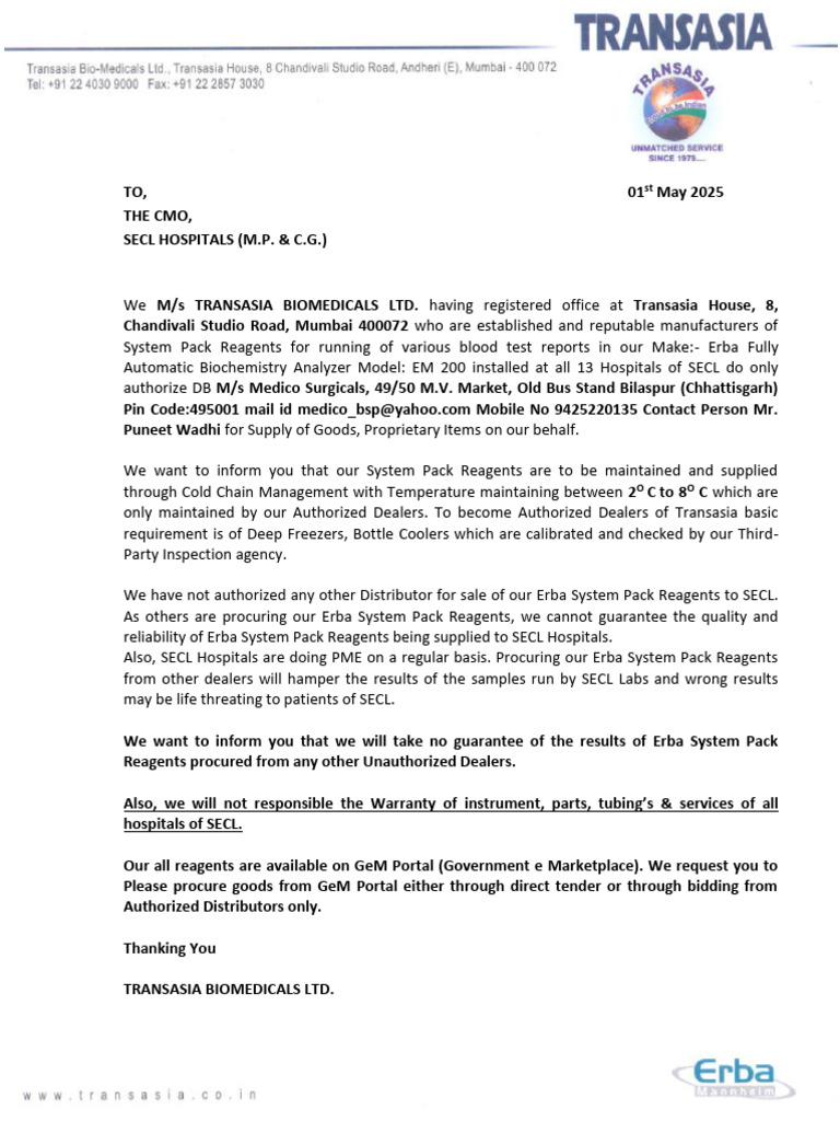 Letter To CMO - SECL Hospitals - May2025 | PDF