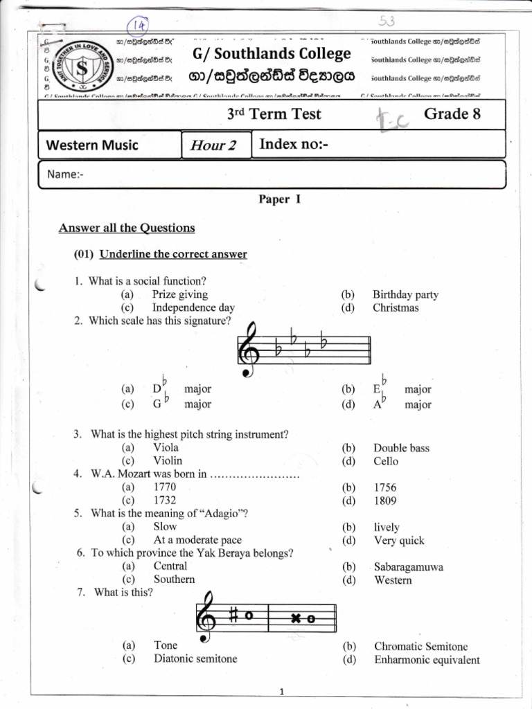 Grade 8 Western Music Term Test | PDF | Elements Of Music | Music Theory
