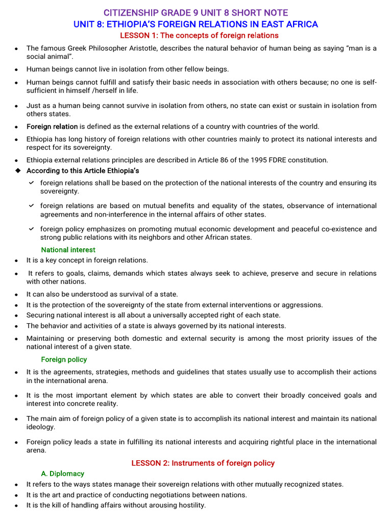 Citizenship Grade 9 Unit 8 Short Note | PDF | Ethiopia | State (Polity)