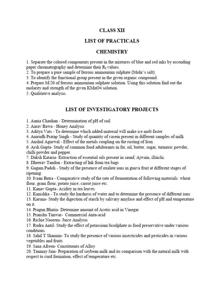 CLASS XII Projects and Practicals | PDF