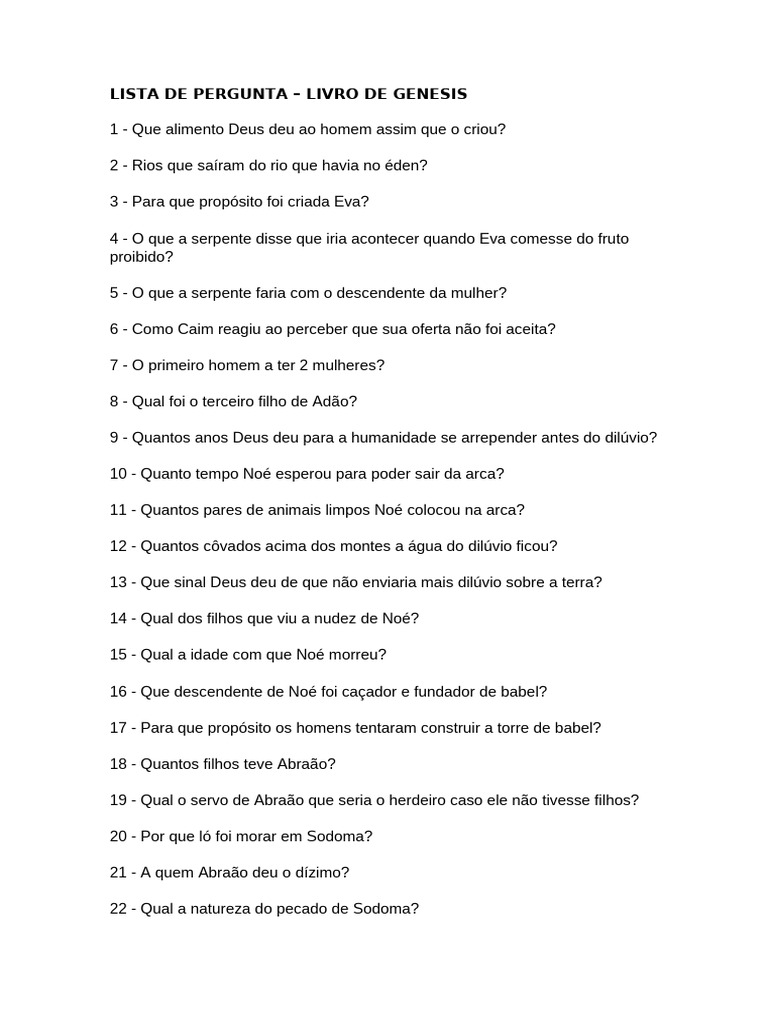 LISTA DE PERGUNTA - GENESIS | PDF | Abraão | Gênesis (livro)