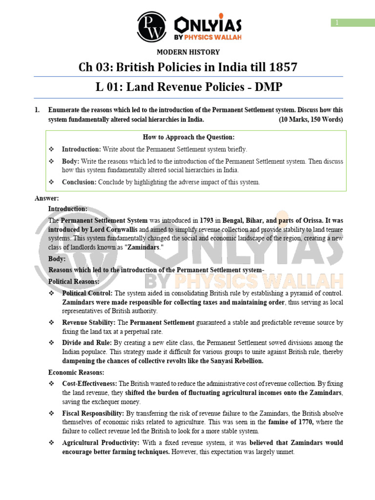 British Policies in India Till 1857 01 - Mains Question | PDF | British ...