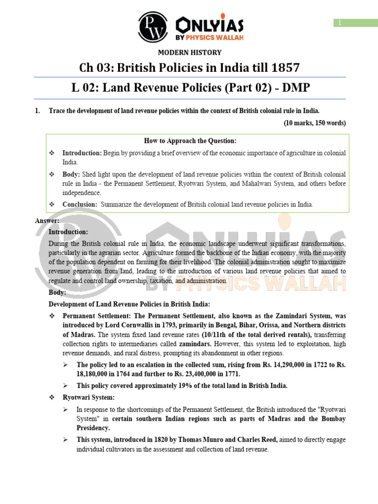 British Policies in India Till 1857 02 - Mains Question | PDF | British ...