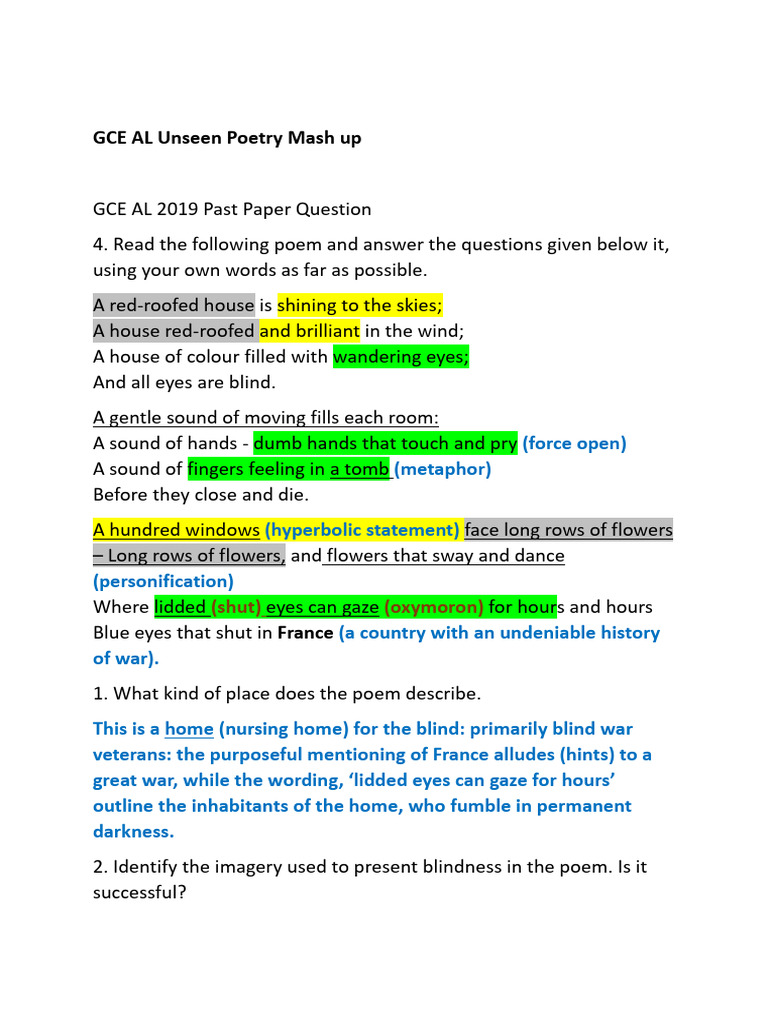 GCE AL Unseen Poetry Analysis Guide | PDF | Poetry