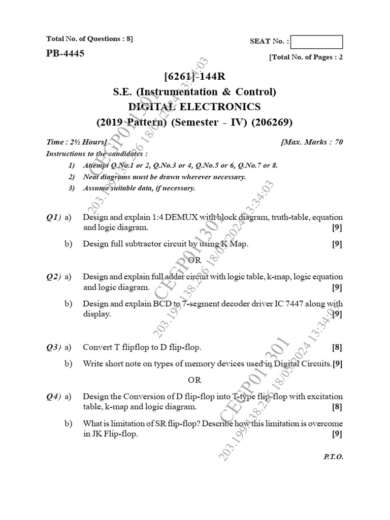 DIGITAL ELECTRONICS SE INSTRU (End Sem) (2019 PAT) (Sem IV) May 2024 | PDF | Logic Gate ...