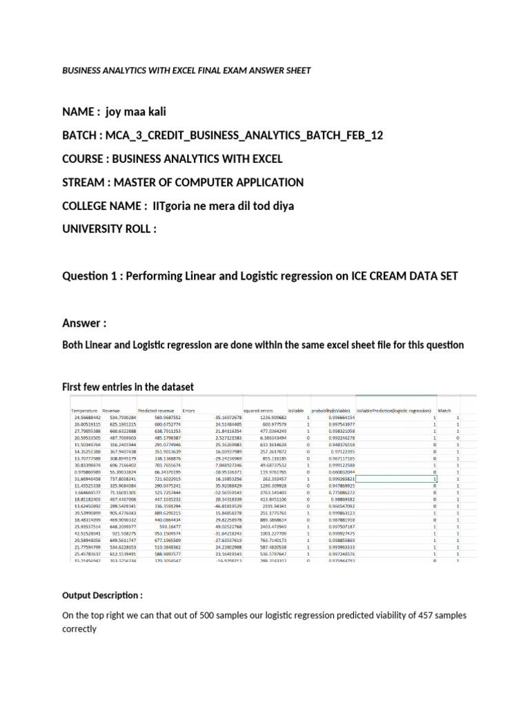 Business Analytics With Excel Mca | PDF | Errors And Residuals | Linear Regression