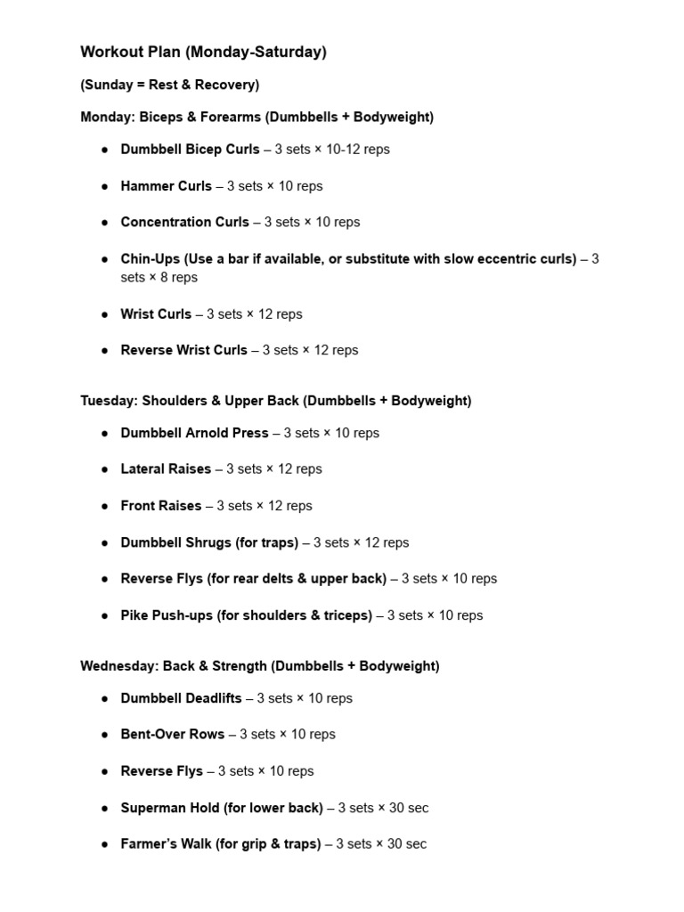 Workout Plan (Monday-Saturday) | PDF