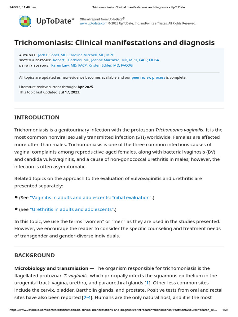 Trichomoniasis - Clinical Manifestations and Diagnosis - UpToDate | PDF ...