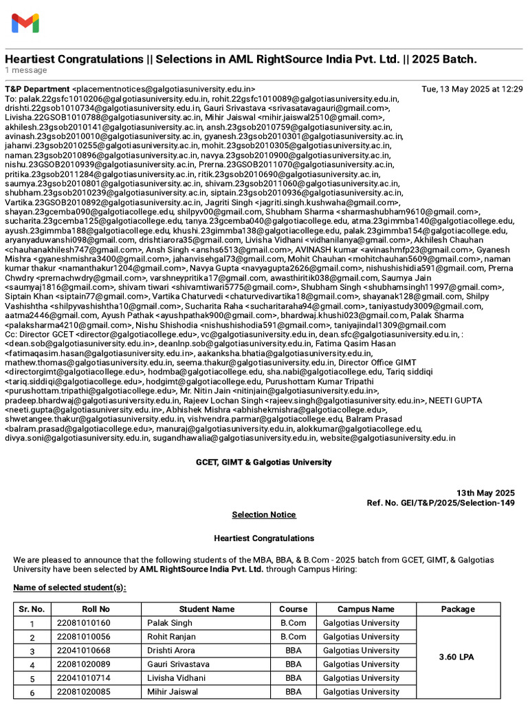 Gmail - Heartiest Congratulations - Selections in AML RightSource India ...