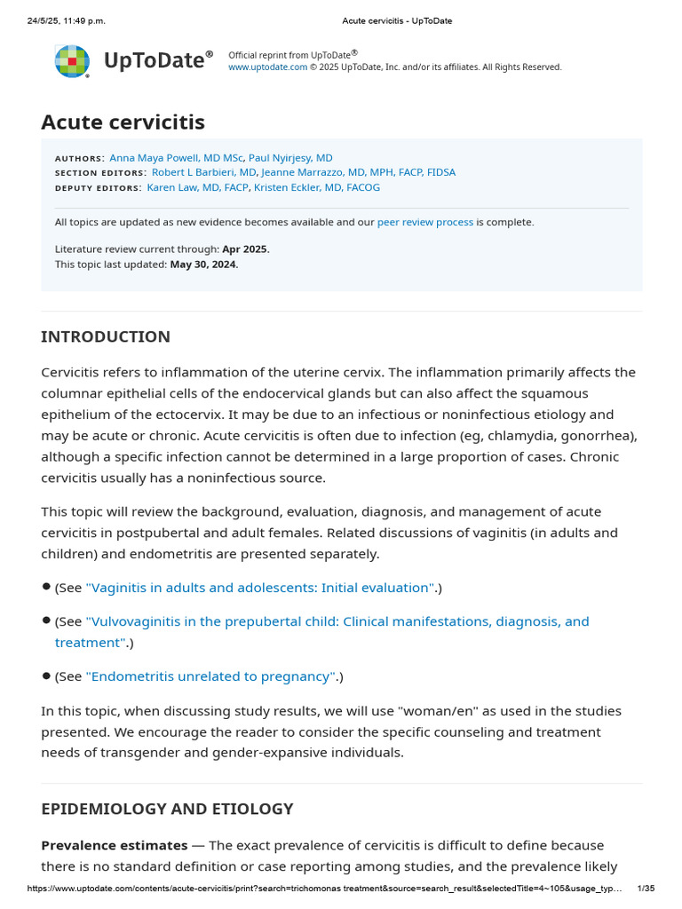 Acute Cervicitis - UpToDate | PDF | Sexually Transmitted Infection | Cervical Cancer
