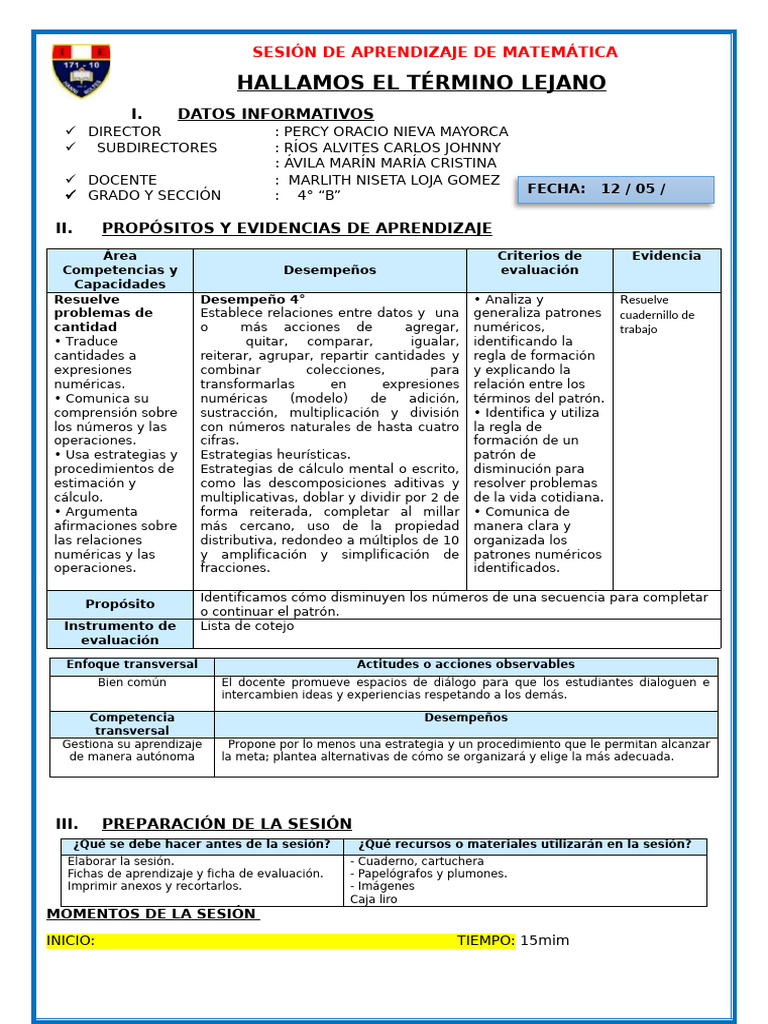 4° Ses Mat Hallamos El Termino Lejano | PDF | Aprendizaje | Matemáticas