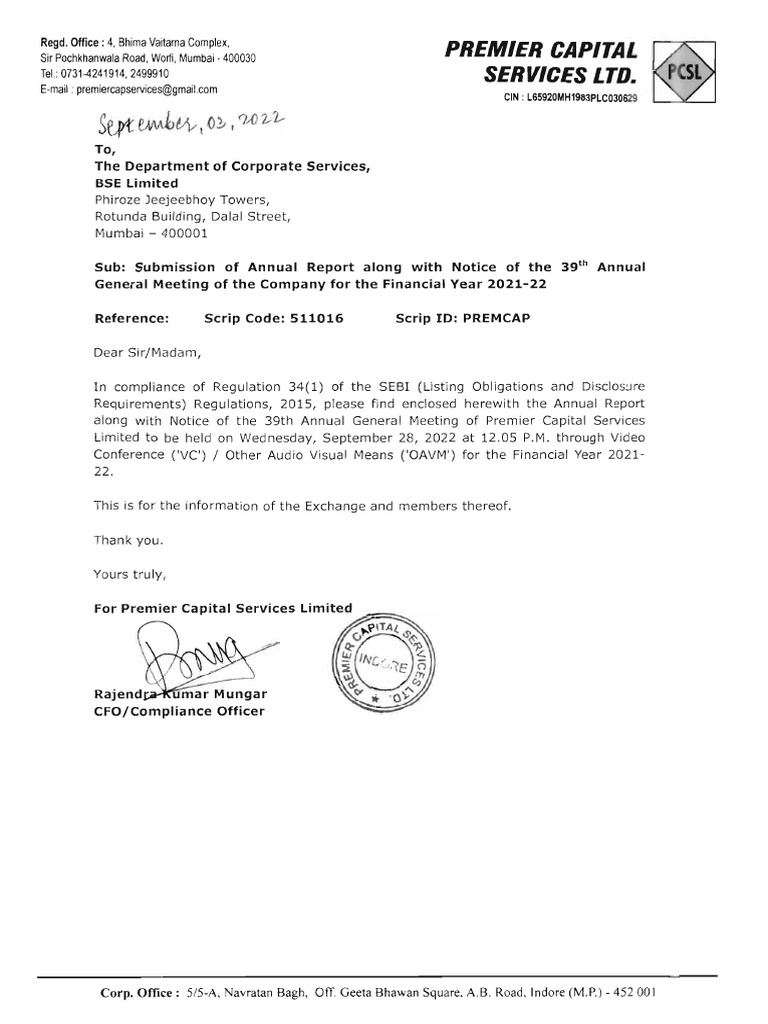 Premier Capital Services LTD.: Corp. Office: Navratan Bagh, Geeta ...