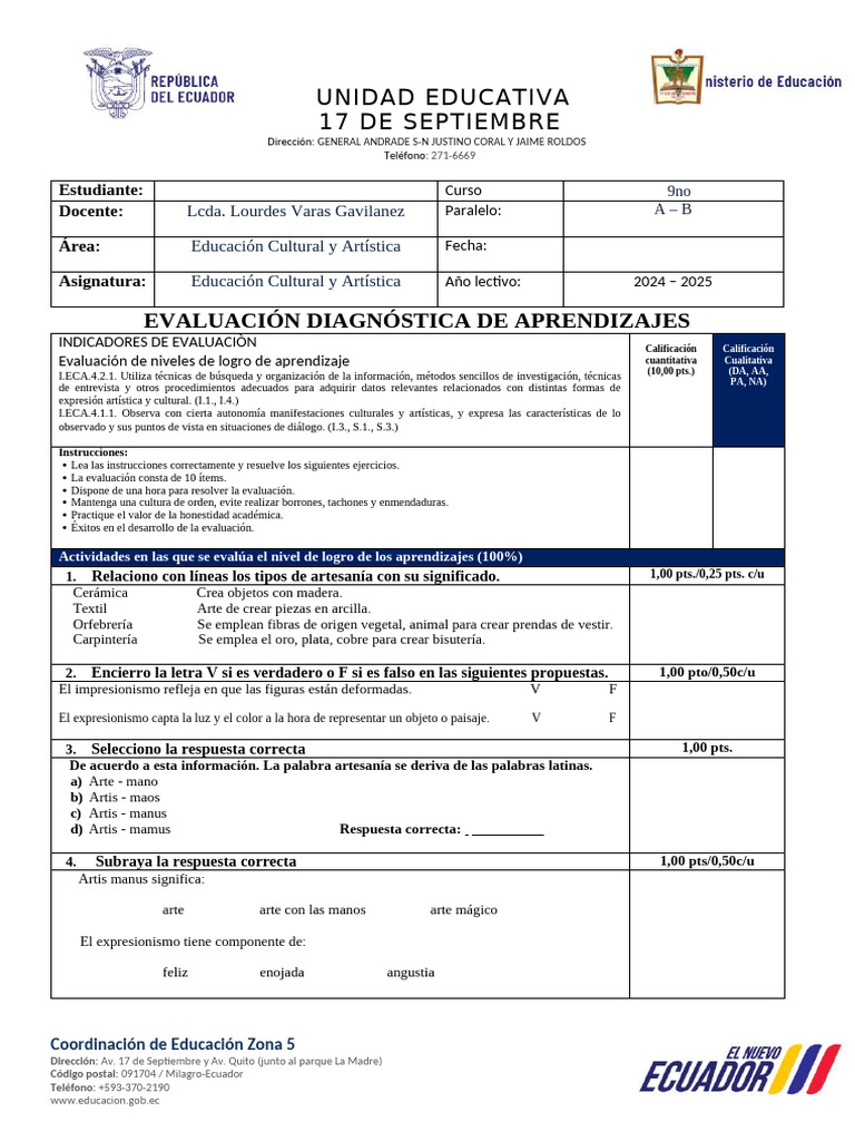 EVAL DIAGNÓSTICA DE APRENDIZAJES PERIODO 2024 - 2025 Noveno | PDF