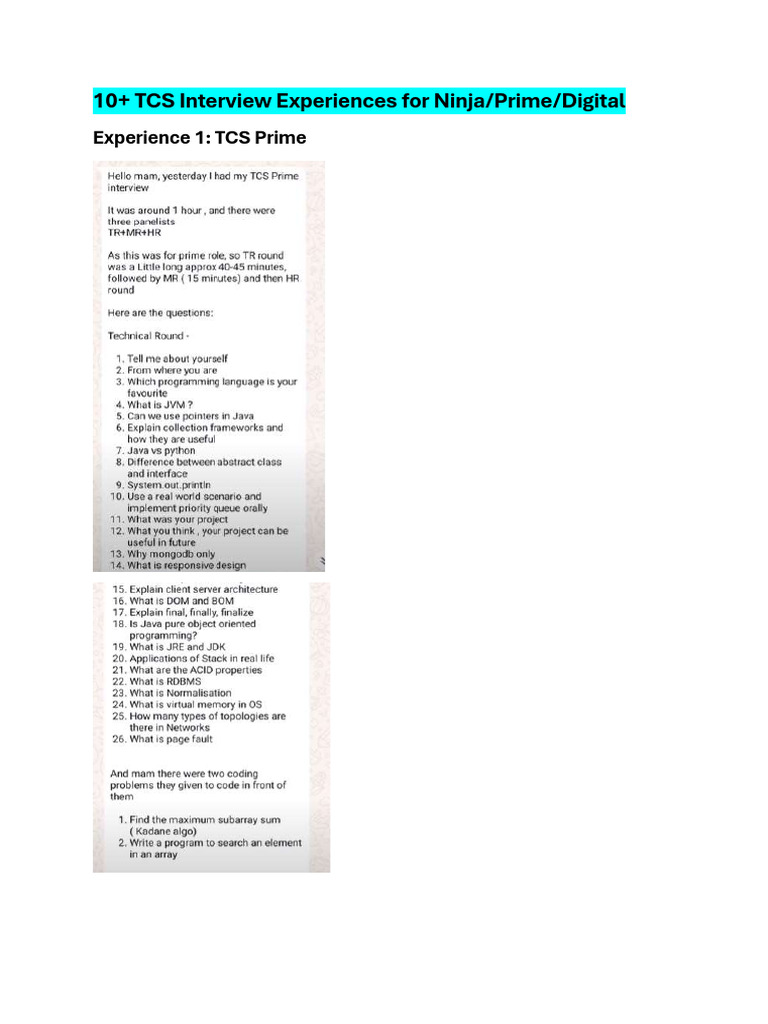 TCS Interview Experiences Overview | PDF