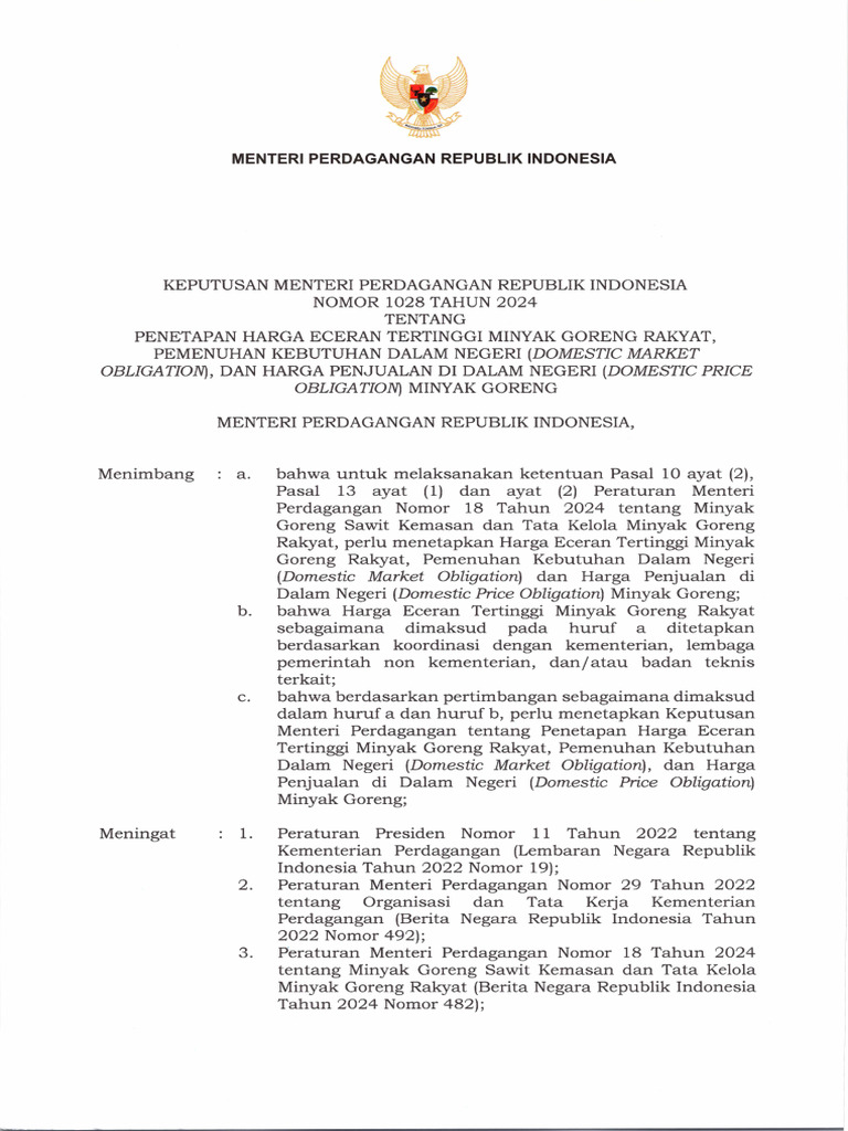 KEPMENDAG 1028 TAHUN 2024 - Penetapan HET, DMO, Dan DPO MGR | PDF