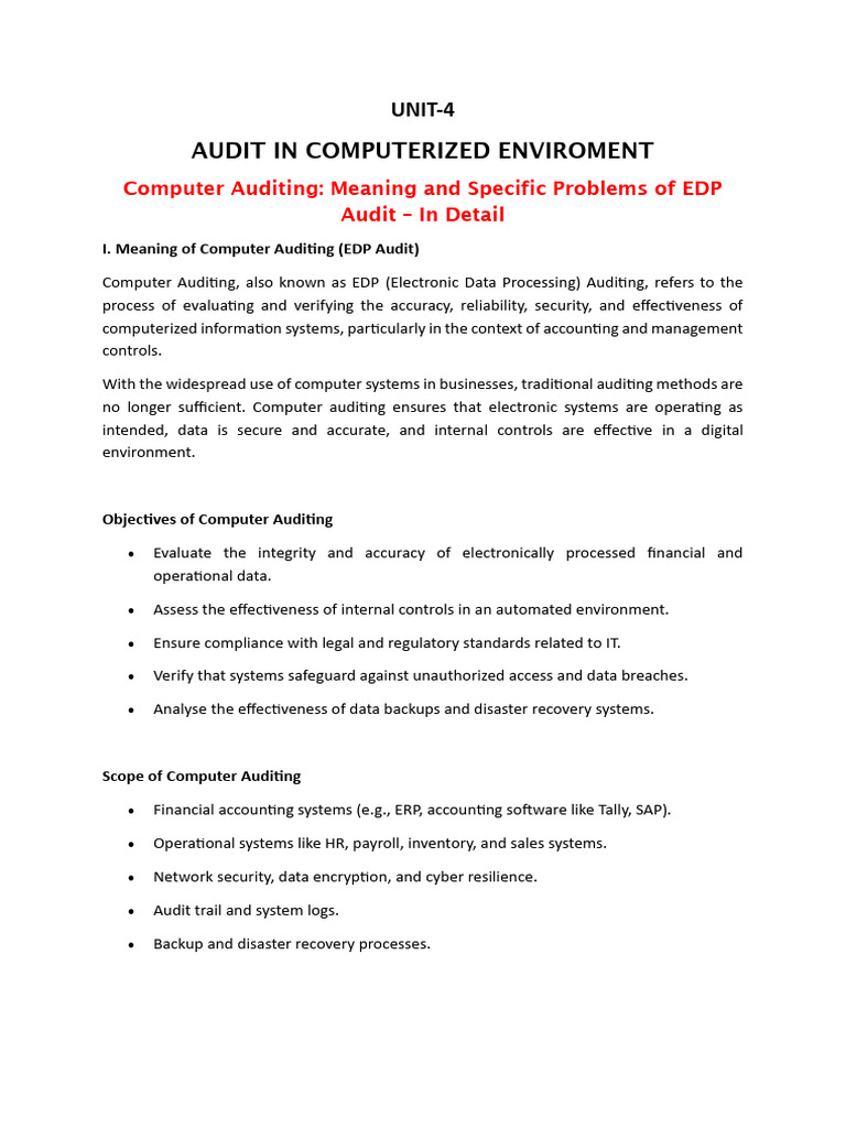 Unit-4 Audit in Computerized Enviroment | PDF | Internal Control | Audit