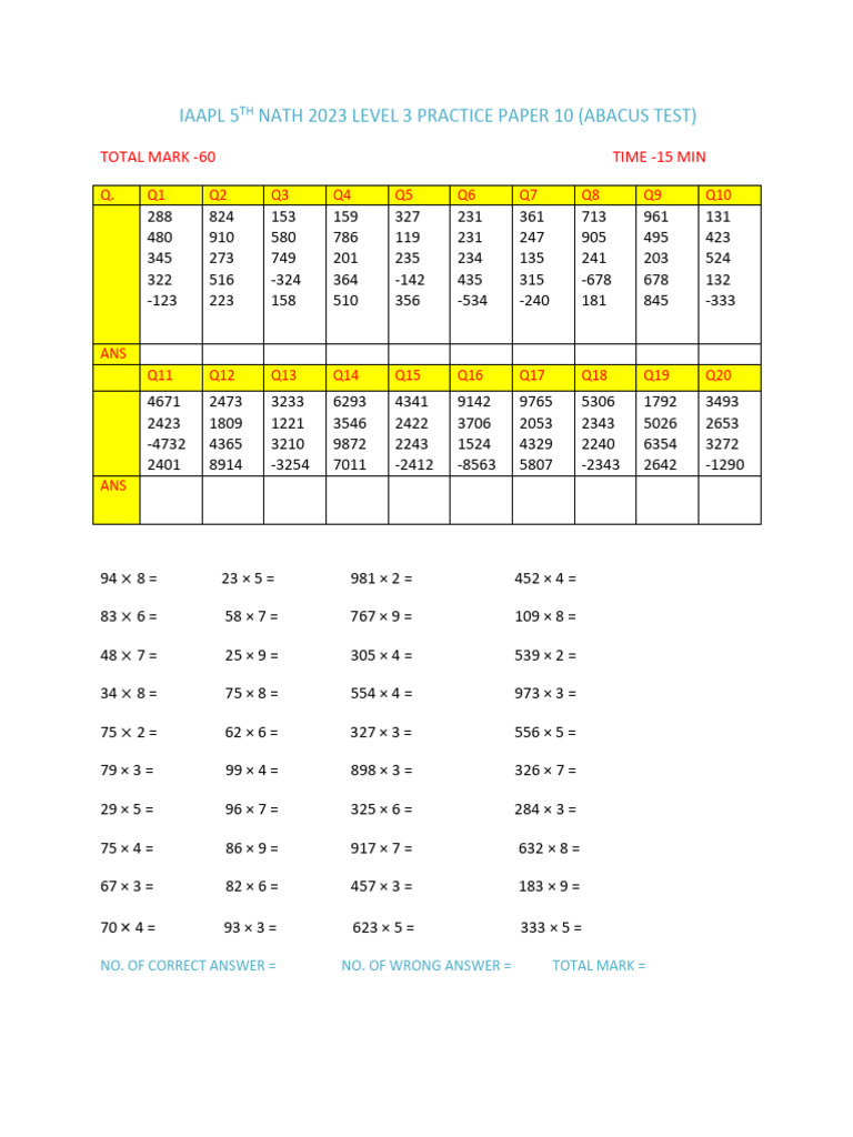 Practice Paper 10 For Level 3 Abacus | PDF