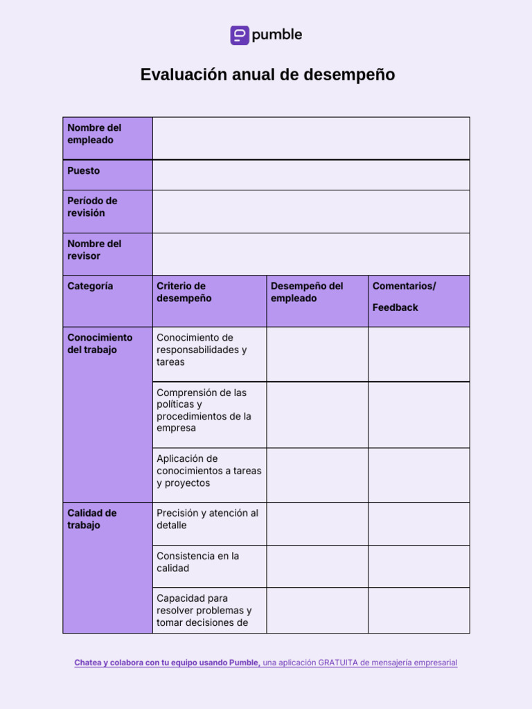 Plantilla de Evaluación Anual de Desempeño | PDF