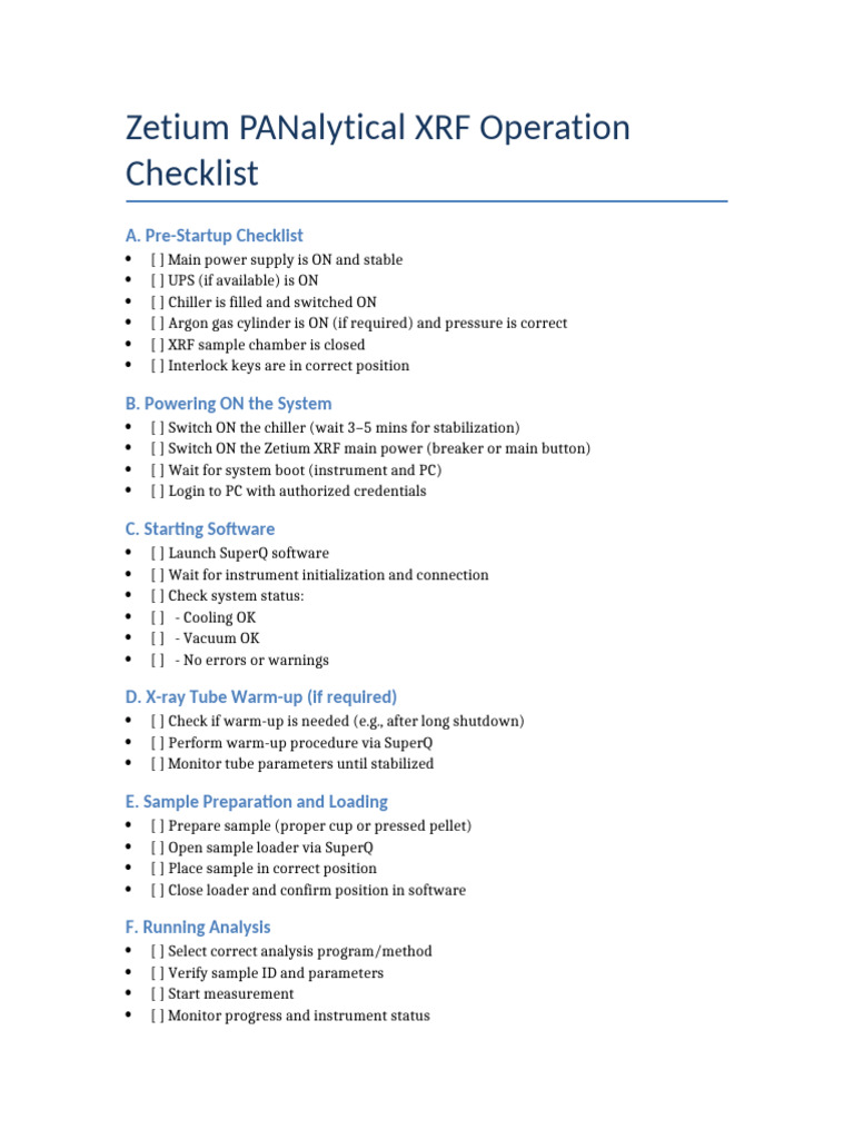 Zetium XRF Operation Checklist | PDF