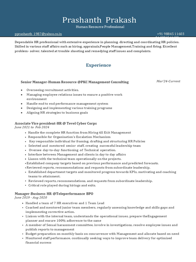 Prashanth Prakash-HR Resume Final | PDF | Human Resource Management | Recruitment