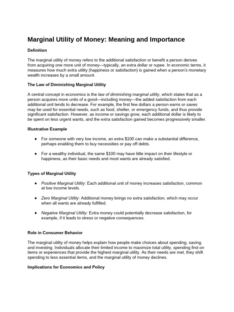 Marginal Utility of Money | PDF | Utility | Marginal Utility