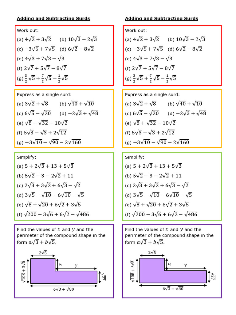Adding and Subtracting Surds Practice Strips | PDF