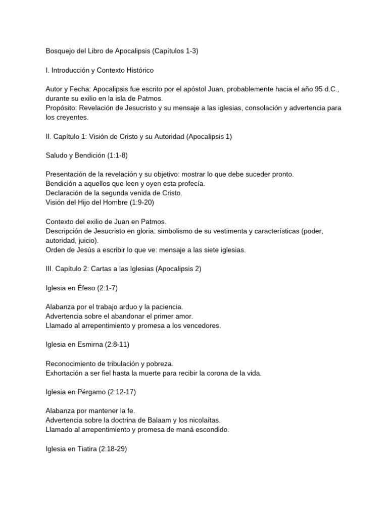 Bosquejo Del Libro de Apocalipsis (Capítulos 1-3) | PDF | Libro de revelación | Iglesia cristiana