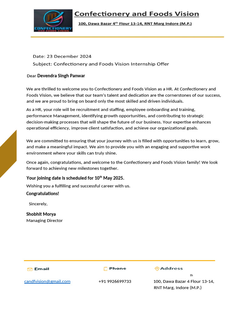 C and F VIsion Offer Letter Devendra Singh Panwar | PDF