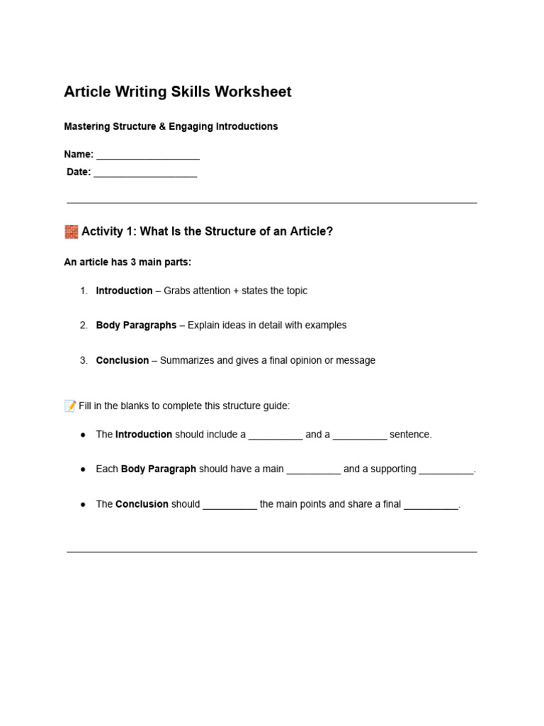 Article Writing Skills Worksheet | PDF | Human Communication