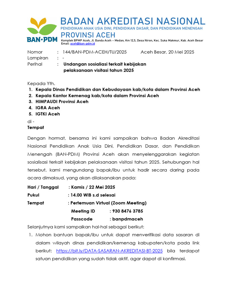 Undangan Sosialisasi Tentang Kebijakan Pelaksanaan Visitasi Tahun 2025 (Instansi Dan Ormit) | PDF