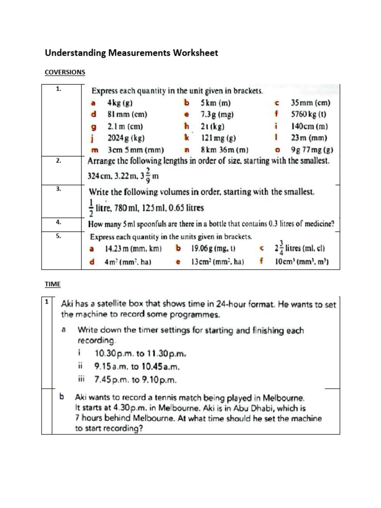 Understanding Measurements Worksheet | PDF