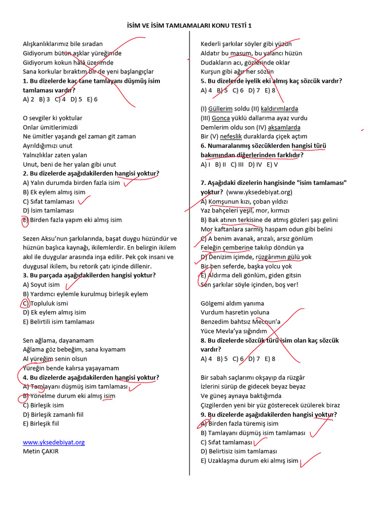 İsim Ve Isim Tamlamaları Konu Testi 1 | PDF