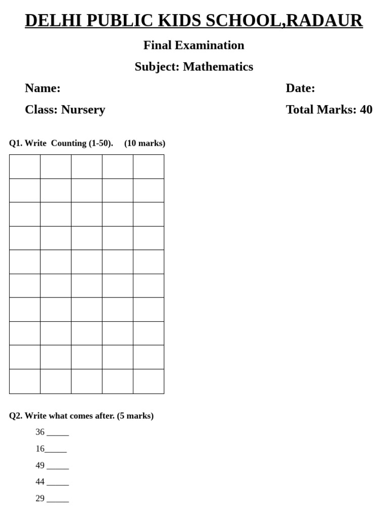 Nursery Math Exam Paper Radaur | PDF