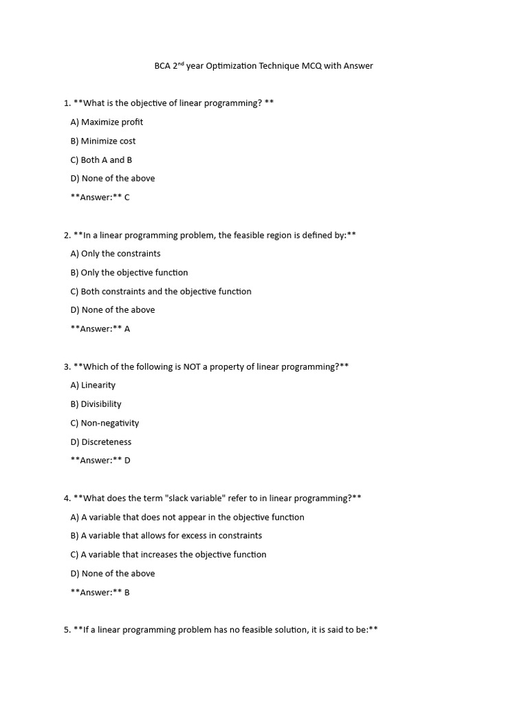 Optimization Technique MCQ With Answer | PDF | Linear Programming | Mathematical Optimization