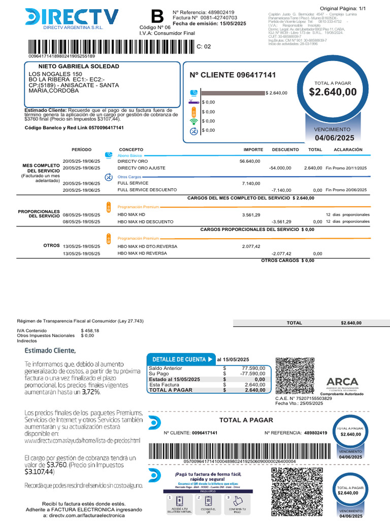 Factura DIRECTV Argentina: Total $2,640 | PDF | Factura | Servicios ...