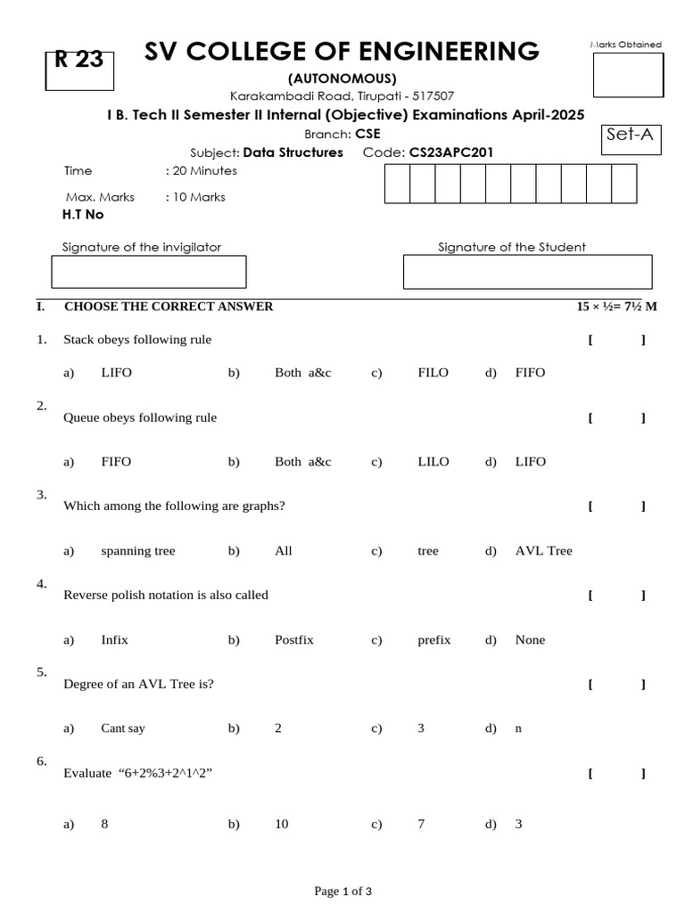 CSE(DS) II_MID EXAM OBJECTIVE SET A | PDF | Computer Programming | Theoretical Computer Science