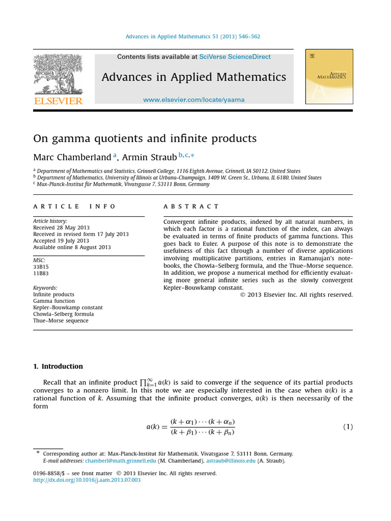 On Gamma Quotients and Infinite Products | PDF | Mathematics | Number Theory