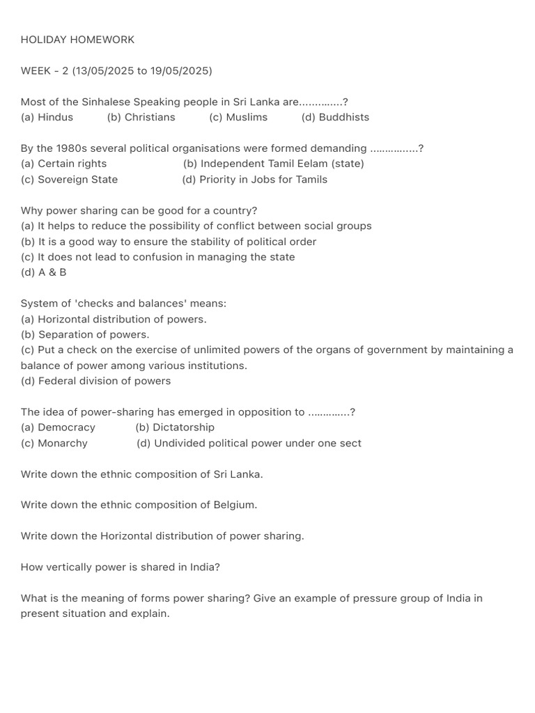 Holiday Homework: Power Sharing & Ethnic Composition | PDF