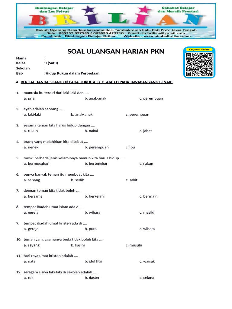 Soal PKN Kelas 1 SD Bab 1 Hidup Rukun Dalam Perbedaan Dan Kunci Jawaban (Www.bimbelbrilan.com) | PDF