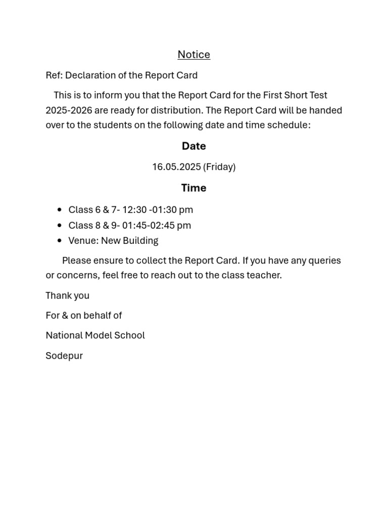 First Short Test Report Card Distribution | PDF
