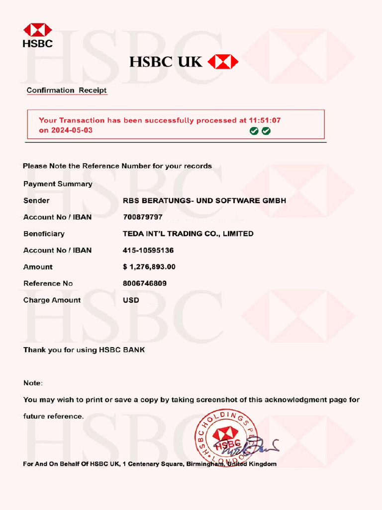 HSBC Transfer Confirmation - 1.2M-1 | PDF