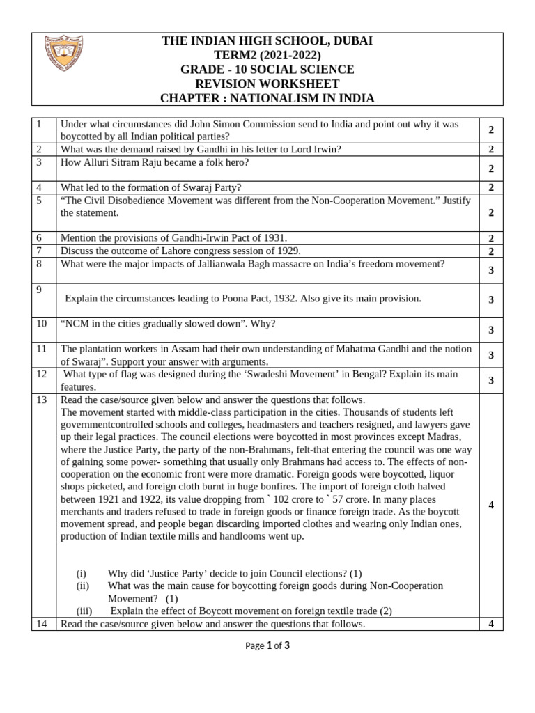 GR 10 SSC Term2 - Nationalism in India - QP (2021-22) | PDF | Mahatma ...