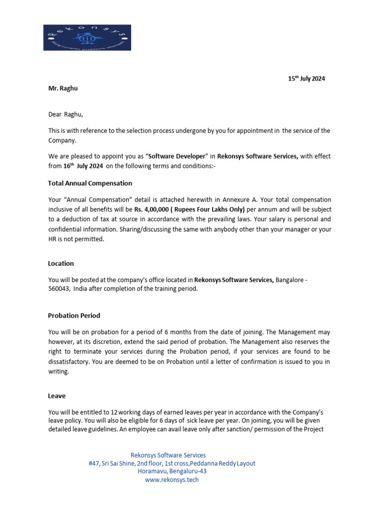 Offer Letter For Yogeesh P | PDF | Employment | Identity Document
